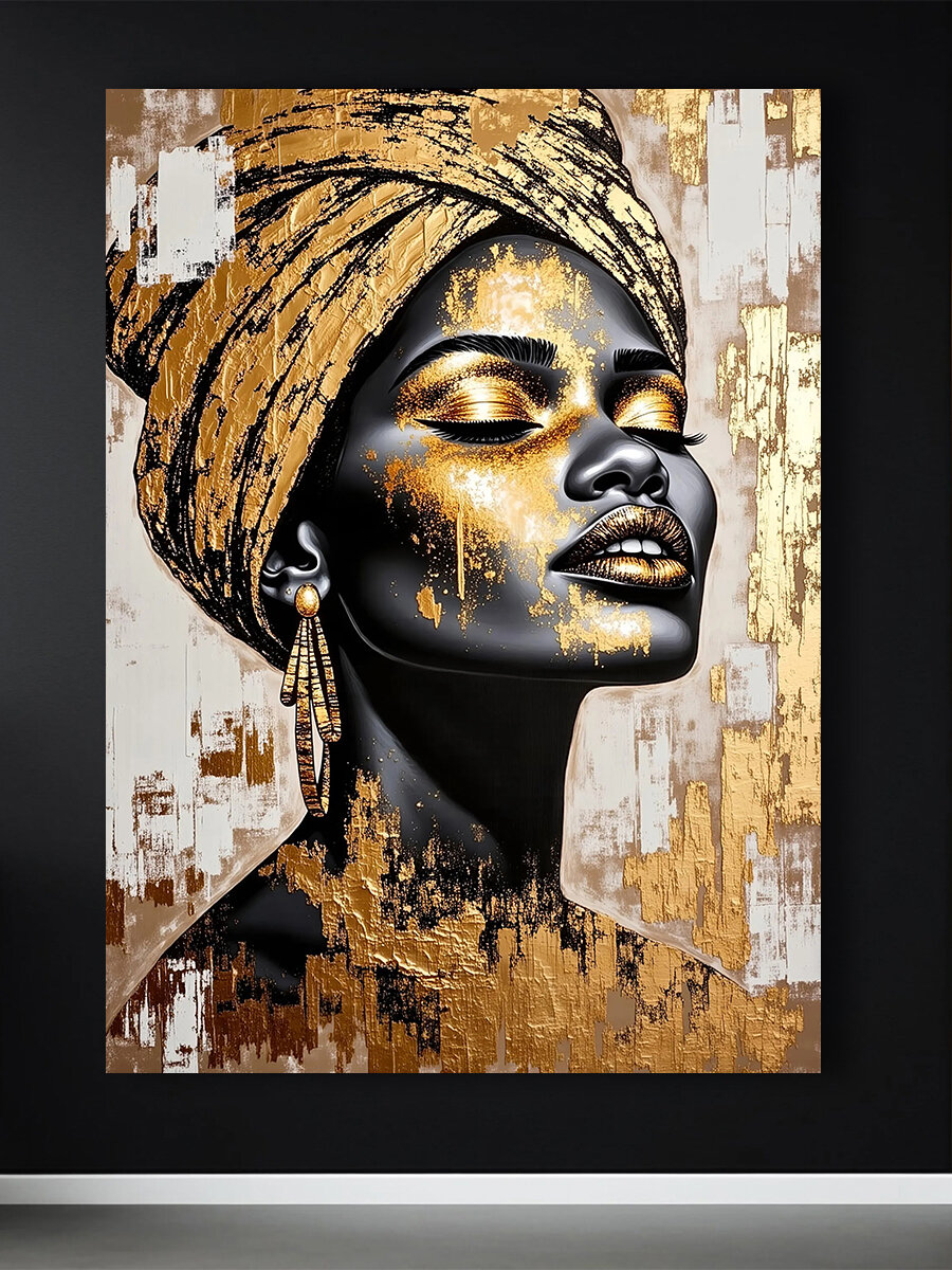Картина на стену для интерьера - "Девушка негритянка с золотом, лицо женщины" , 20х30 см.