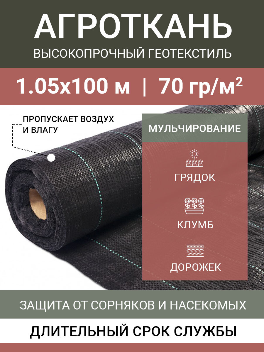 Почвоукрывной материал в рулоне 1.05х100 м (105 м2), плотность 70 г/м2, черная агроткань