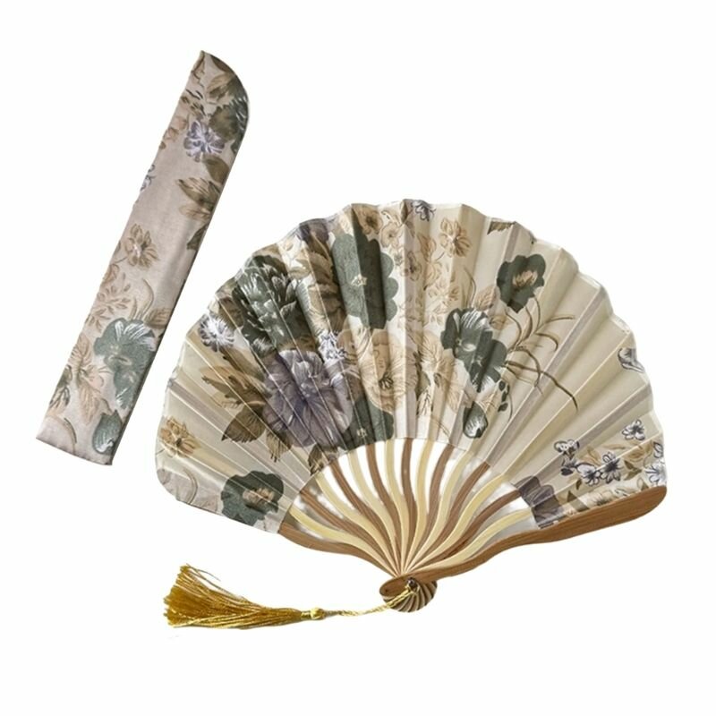 Стильный китайский складной веер из шелка с цветочным узором и кисточками для домашнего декора и активного отдыха, - Ножевой Веер Золотистого Цвета