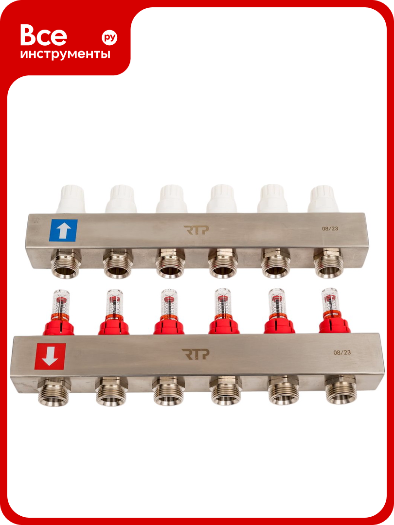 Коллекторная группа с расходометром и кронштейном RTP (евроконус 3/4") нержавеющая сталь sus, распределения тепла