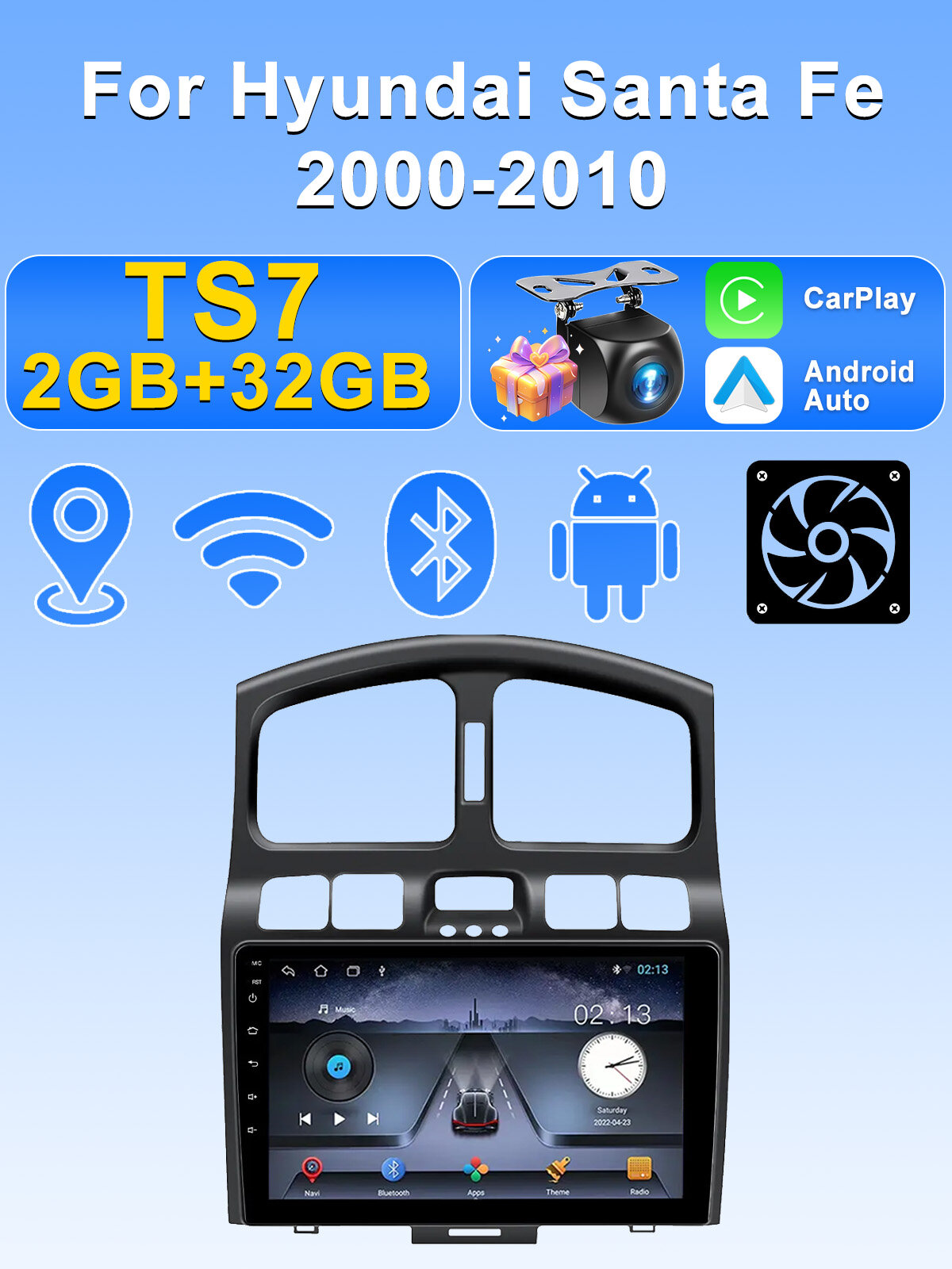 Магнитола для Hyundai Santa Fe 2000-2010 , Автомагнитола для Хендай Санта Фе СМ ,2din android 2+32G Мультимедиа Bluetooth FM WIFI Автомобильный