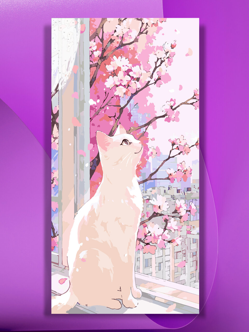 Картина по номерам на холсте Котик у окна - цветение сакуры, 30 х 60 см