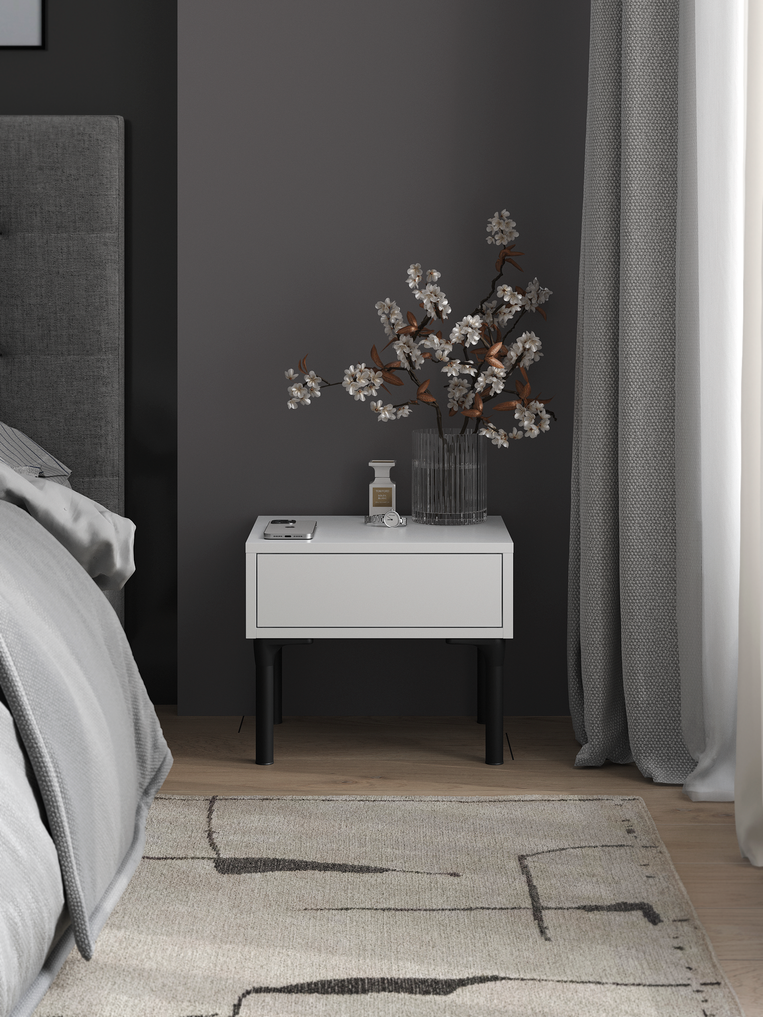 Прикроватная тумбочка на ножках светло-серая, открывание push pull, 42х34х15 см