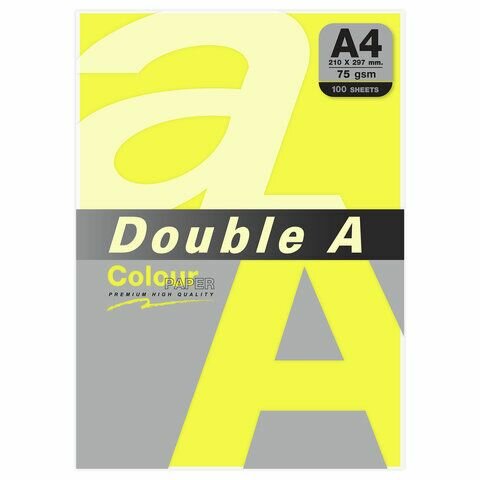 4 шт. Бумага цветная DOUBLE A, А4, 75 г/м2, 100 л, неон, желтая