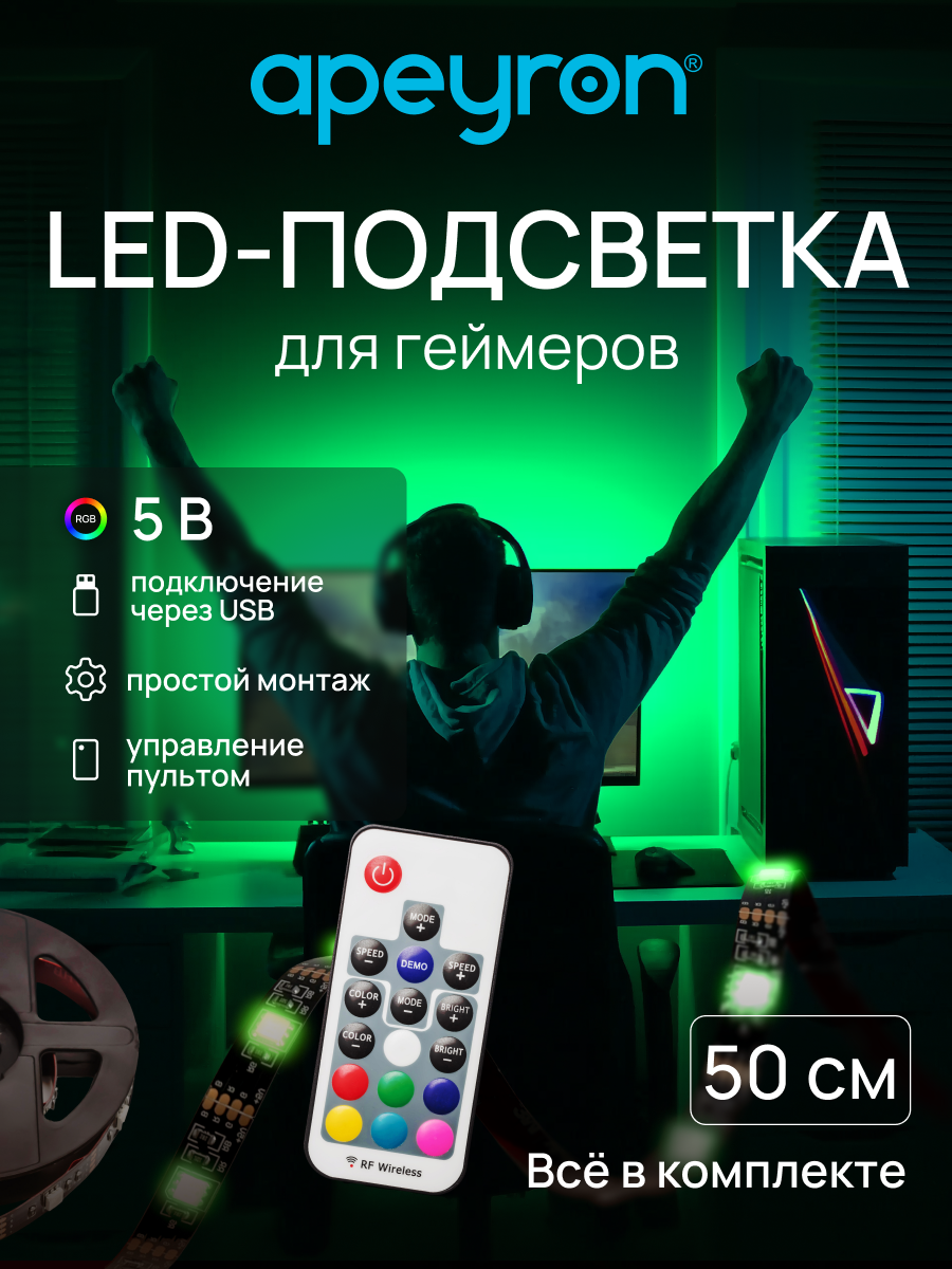 Набор динамической USB ТВ подсветки для компьютера, экрана монитора или ноутбука, 5В, длина 0.5 м.