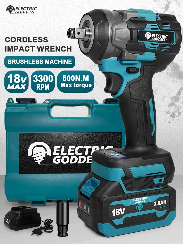 Беспроводной ударный гаечный ключ, 3300 rpm / min, 500n. m, бесщеточный, пластиковый ящик с батареей