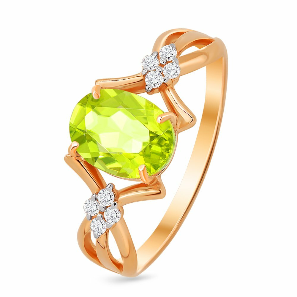 Кольцо, красное золото, 585 проба, родирование, фианит, хризолит