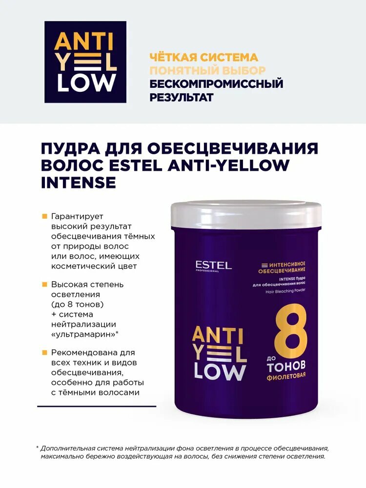 ESTEL Пудра обесцвечивающая ANTI YELLOW INTENSE для окрашивания, осветления волос до 8 тонов, 500 мл