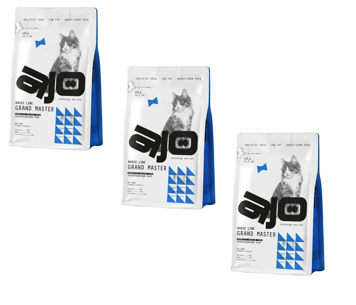 Сухой полнорационный корм AJO Cat Grand Master для профилактики мочекаменной болезни для кошек, 400г 3шт