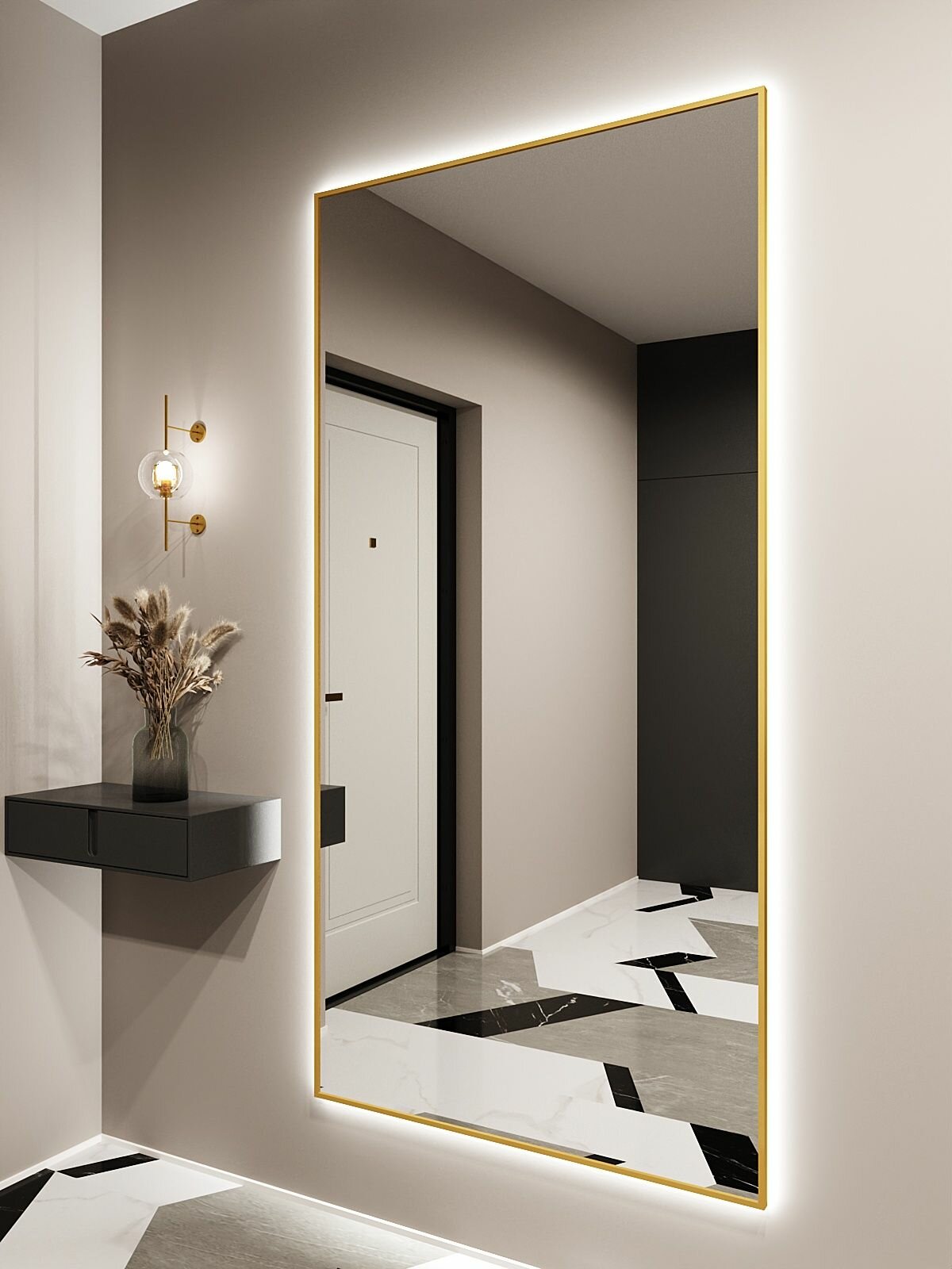 Зеркало настенное 180х90 см. BLX MIRROR с подсветкой в алюминиевой раме. Свет: Холодный белый 6000К, Золото