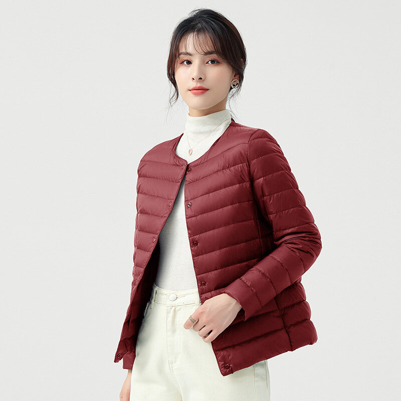 Куртка, Женская легкая пуховая куртка без воротника, ультратонкая и компактная для носки осенью и зимой, на белом пуху, с V-образным вырезом, универсальная под куртку