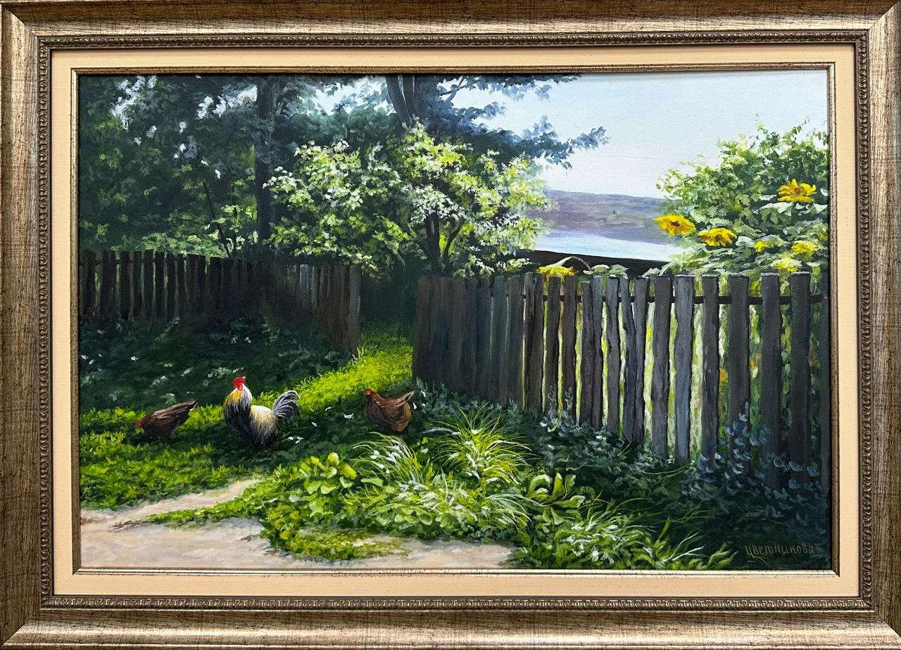 Картина маслом на холсте, летний пейзаж "Птичий дворик" 1, 40Х60 см. Автор Цветникова Т. А.