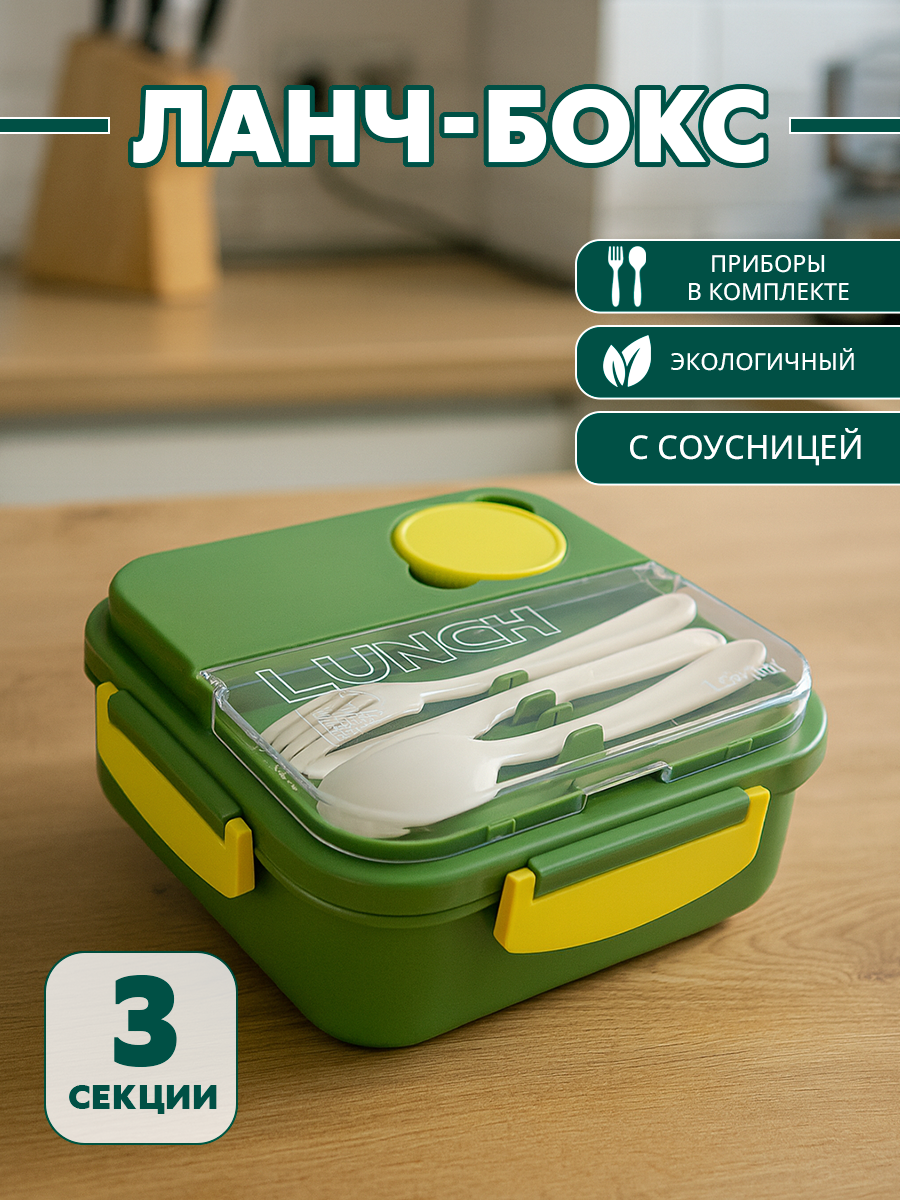 Ланчбокс из трех емкостей и отсеком со столовыми приборами, квадрат