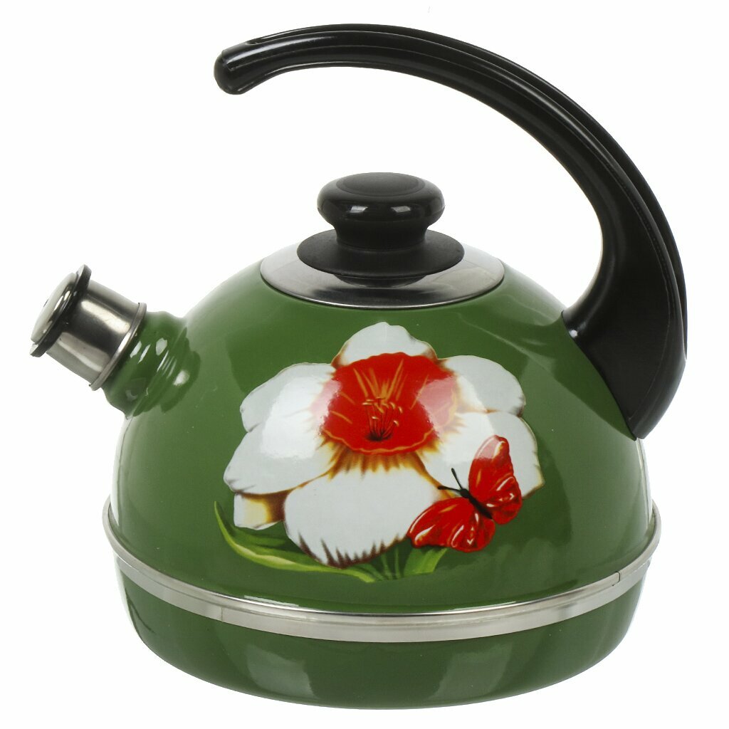 Чайник Рубин стальной эмалированный, 3,5 л, со свистком, с подвесной ручкой, Нарцисс, слоновая кость