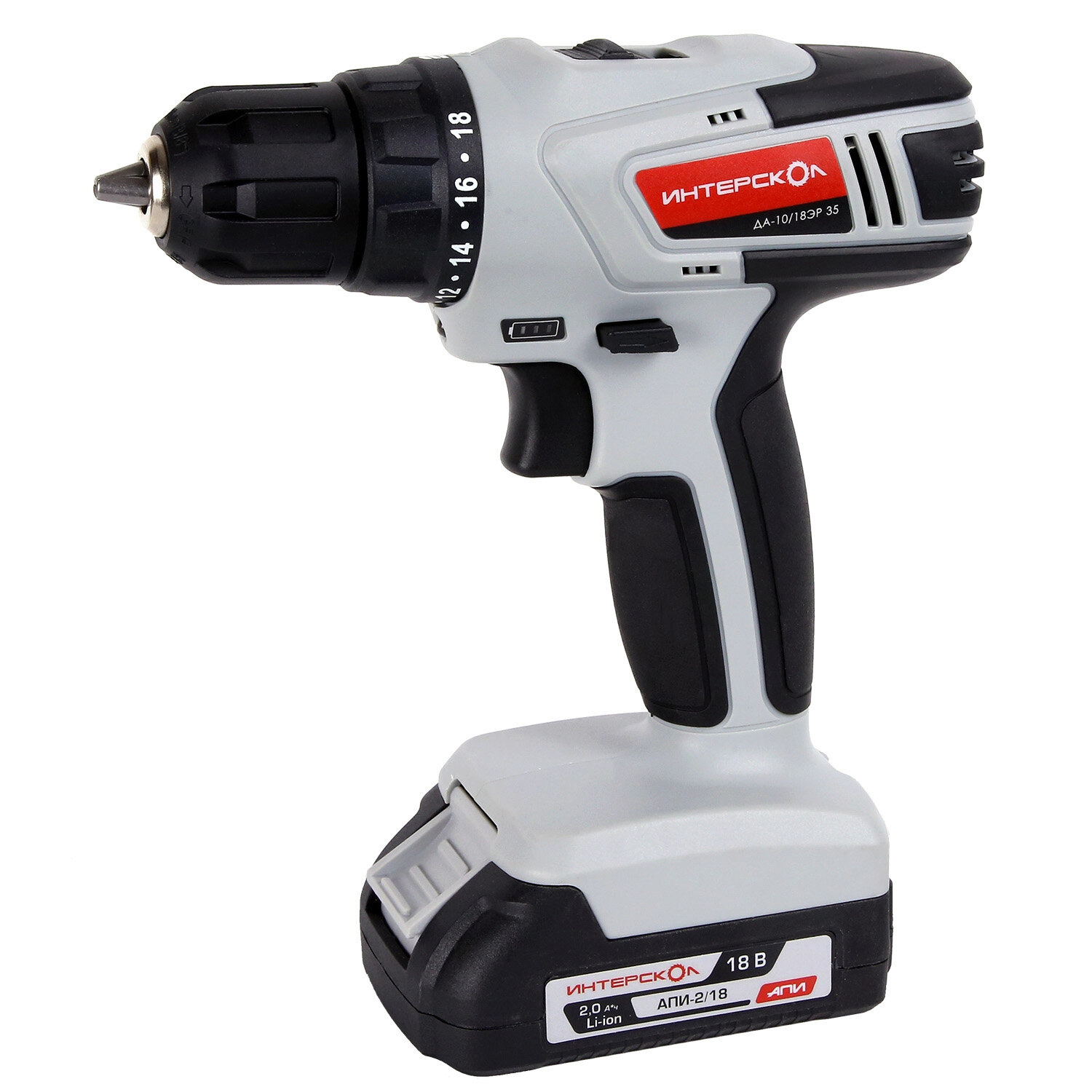 Дрель-шуруповерт аккум. ИНТЕРСКОЛ ДA-10/18ЭР 18В (2*2,0Ач) 35Нм, кейс-коробка 518.2.2.20