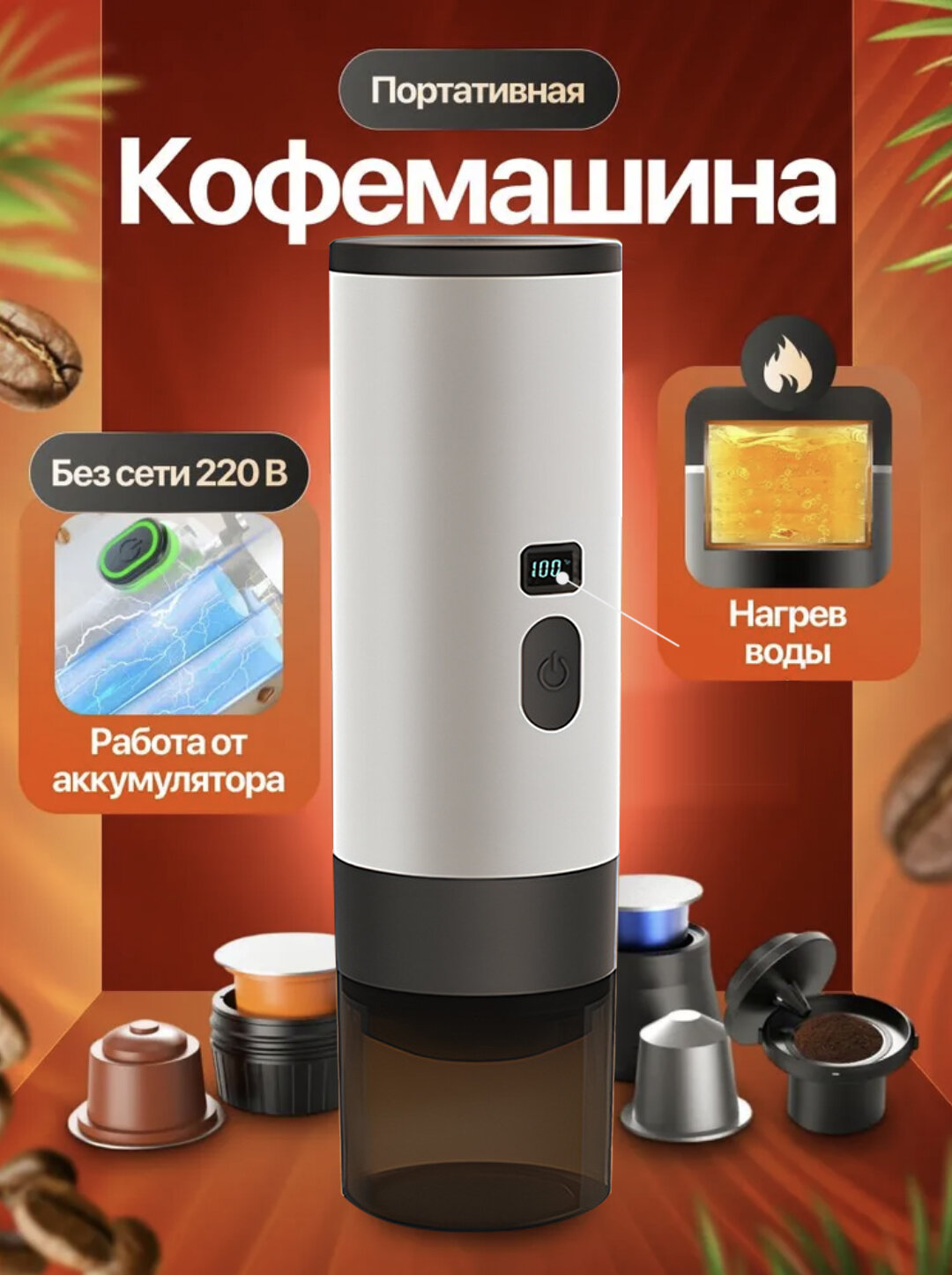 Портативная капсульная кофемашина, белая, для Nespresso и Dolce Gusto, компактная и удобная в использовании.