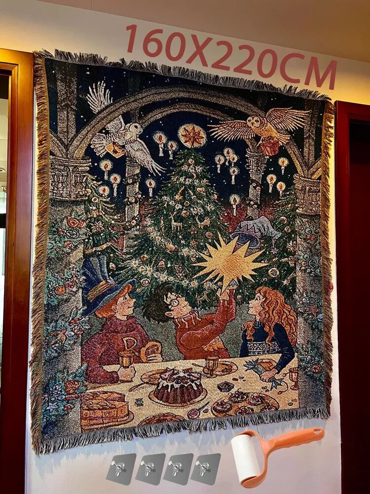 Плед Гарри Поттер Рождество 160x220 см волшебный с бахромой для декора ретро подарок уютный