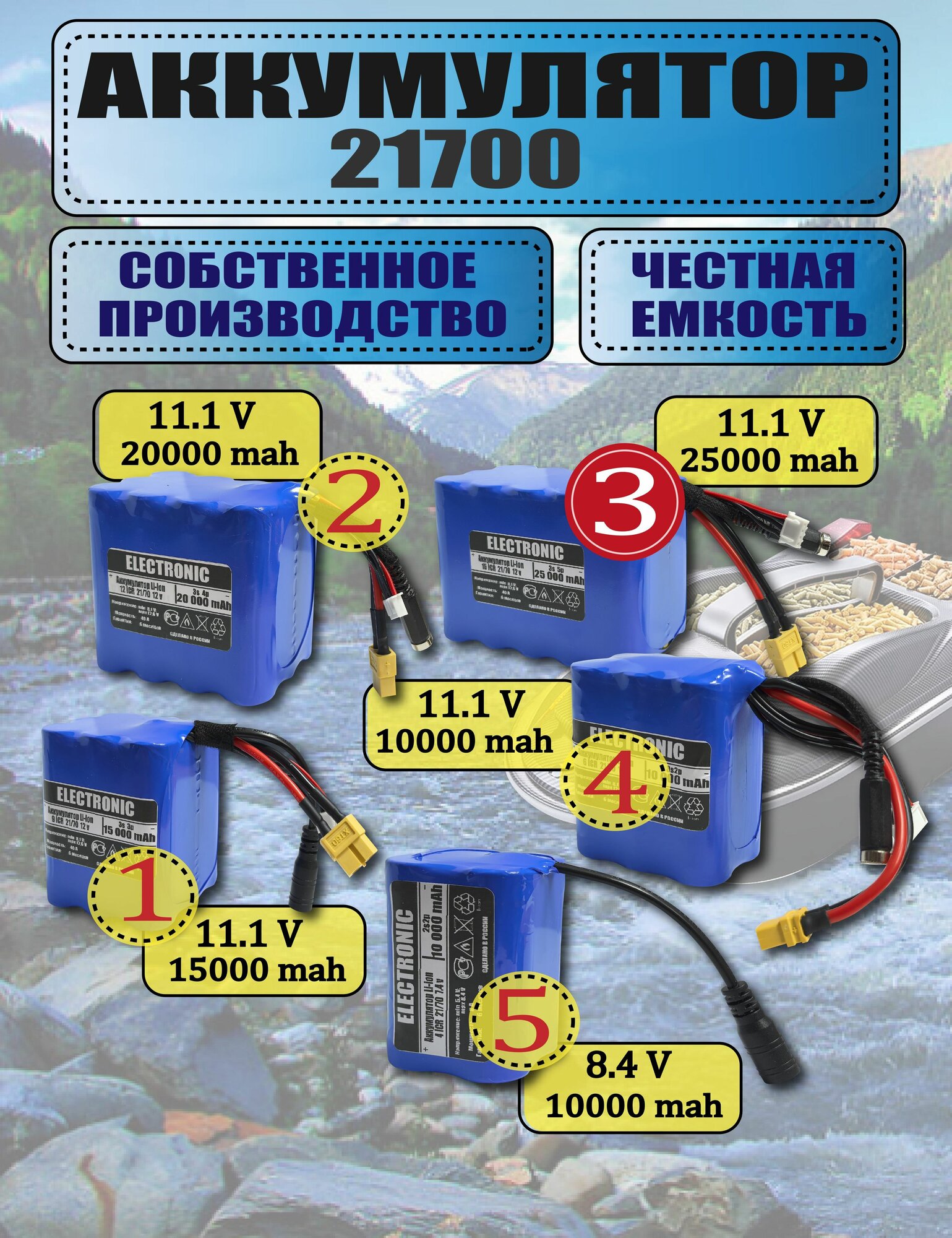 Аккумулятор 11.1 В 25000 mАh для прикормочного кораблика 1070г.
