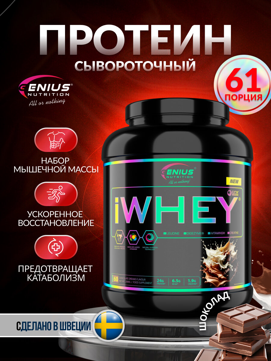 Сывороточный протеин Genius Nutrition iWhey восхитительный вкус, высококачественные ингредиенты, 2000 г шоколад