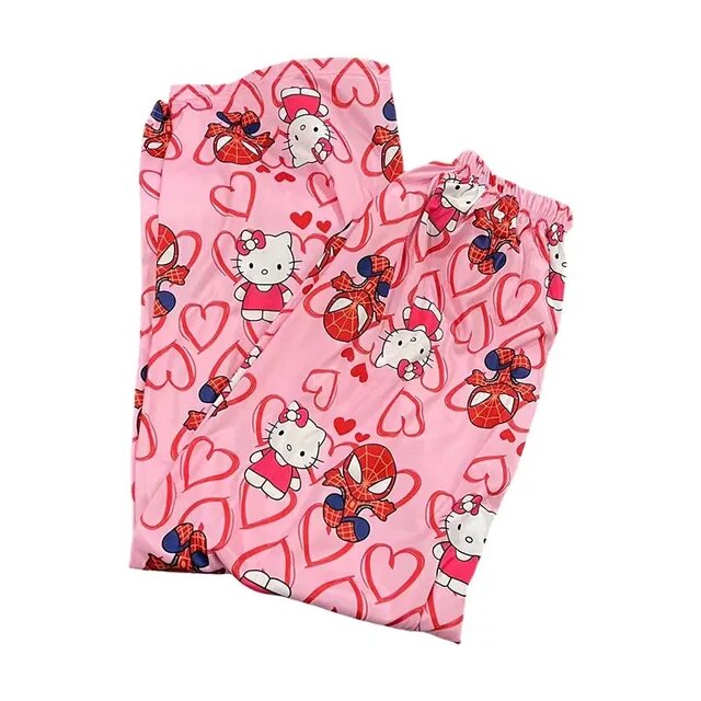 Пижама в стиле аниме «Hello Kitty Spider-Man» с героями мультфильмов Y2K. Свободные повседневные брюки. Одежда для родителей и детей. Брюки для пар. Подарок для девочек, Size: L 47.5-55kg