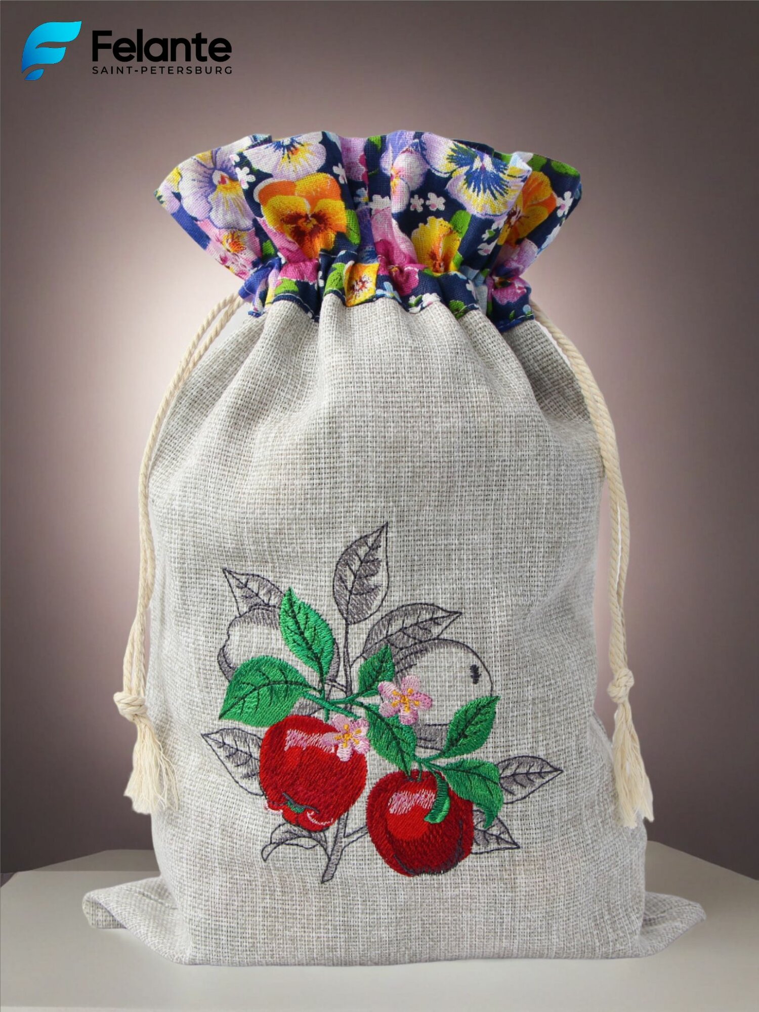 Экомешочек из льна для хранения продуктов с вышивкой "Яблоки" 1шт.