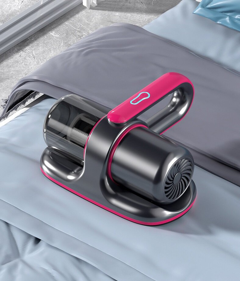 Бытовой небольшой ручной пылесос красного цвета, не содержащий 5 фильтрующих элементов, за исключением средств для борьбы с клещами, стерилизации и дезинфекции