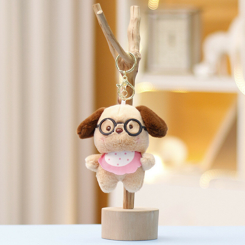 Adorable plush dog doll keychain with soft short velvet fabric for girls gift