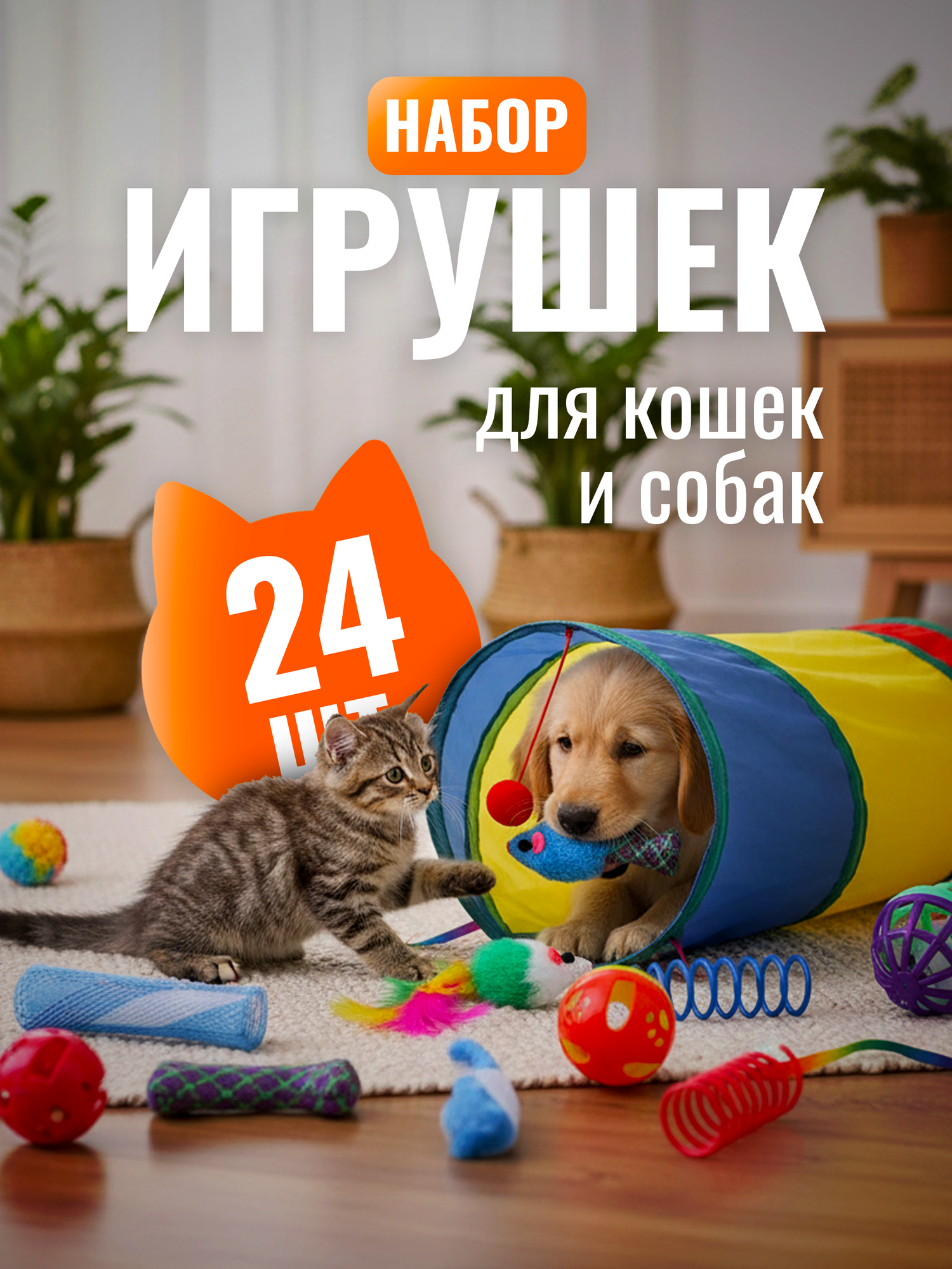 Набор игрушек для животных 24шт, игрушки для кошек, котят и собак, тоннель для кошек, удочка, мячики погремушки, мышки