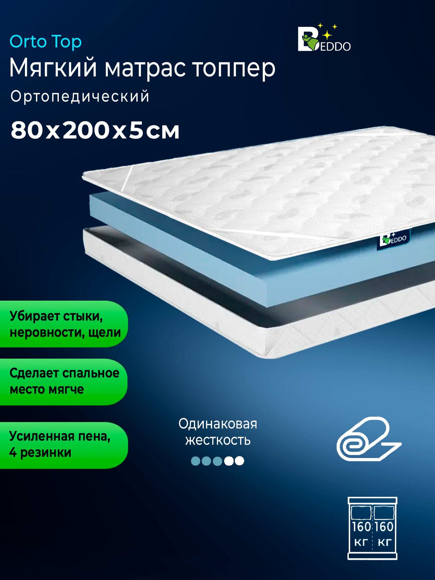 Топпер BEDDO "Orto Top", ортопедический, бесклеевая конструкция, 80х200х5 см