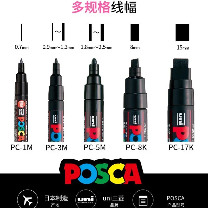 Маркеры POSCA UNI PC-1M, PC-3M, PC-5M, 3шт, черный, микс — фото 1