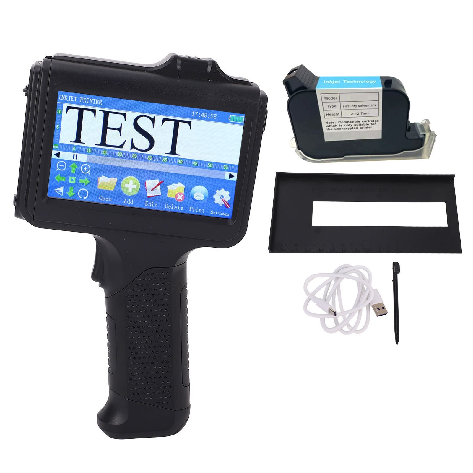 Портативный струйный принтер с регулируемым диаметром чернил 2-12,7 мм, 4,3-дюймовым сенсорным экраном и картриджем с черными чернилами объемом 42 мл.
