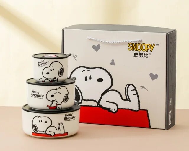 Керамическая миска для хранения Kawaii Snoopy из 3 предметов, герметичный набор столовых приборов с крышкой, большая вместительная суповая миска, подарок на день рождения