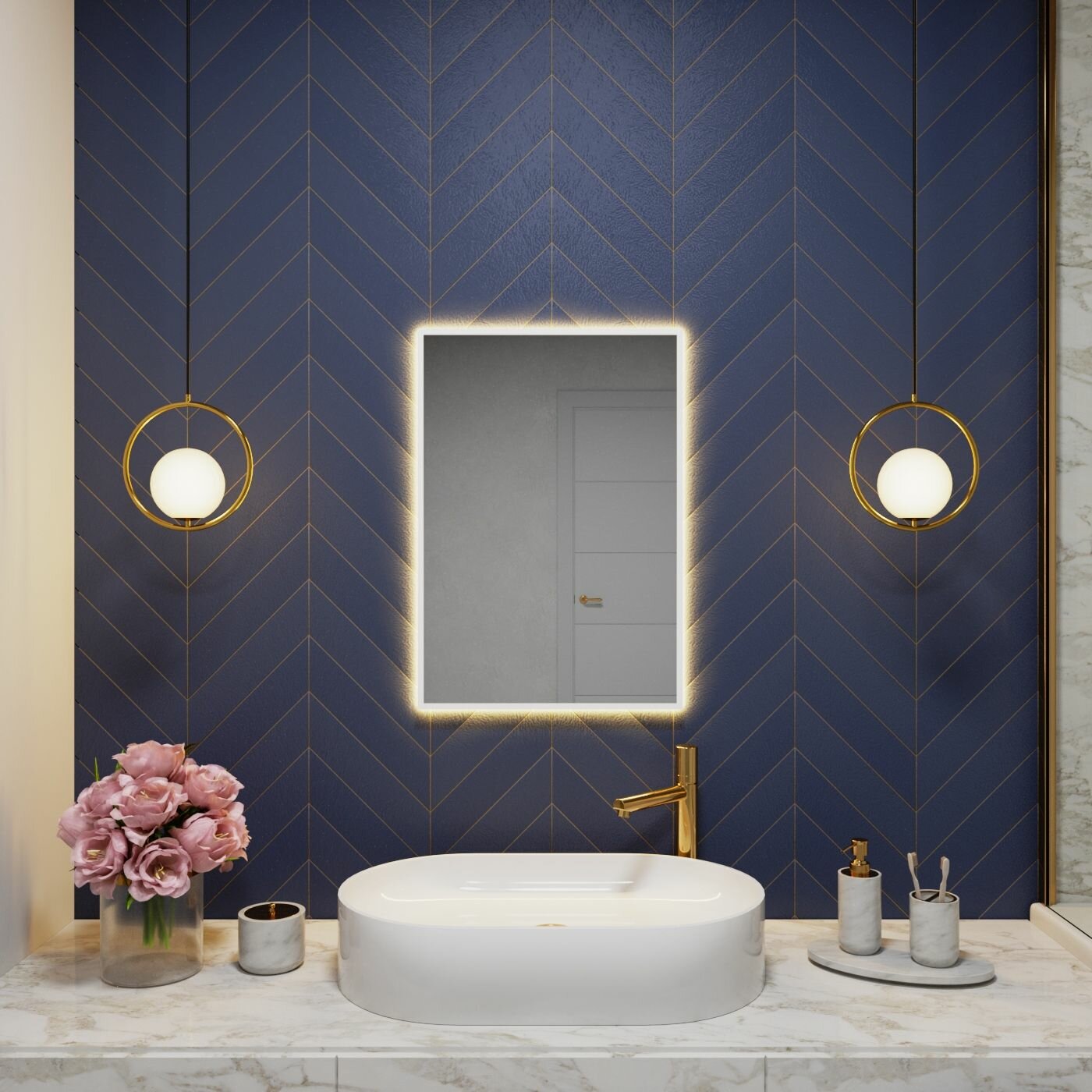 Зеркало настенное 70х40 см. BLX MIRROR с подсветкой в ванную в алюминиевой раме. Свет: Теплый белый 3000К, Белое