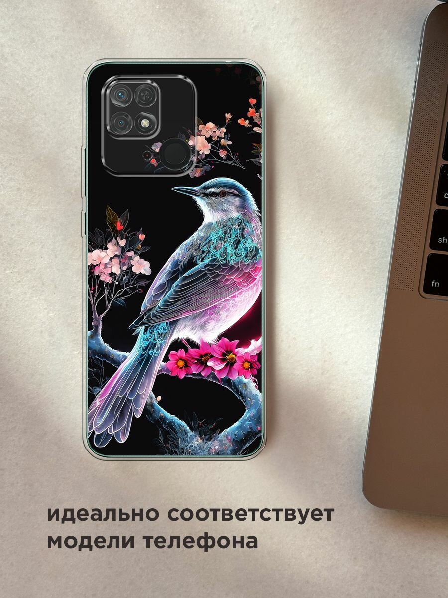 Чехол на Xiaomi Redmi 10C / Сяоми Редми 10C с принтом "Птица на цветущем дереве" — фото 1