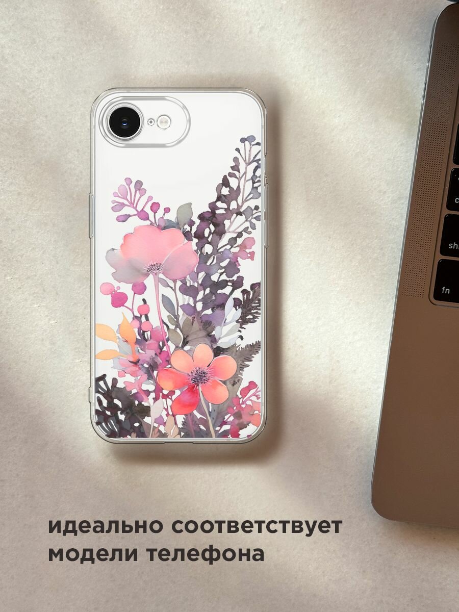 Чехол на Apple iPhone 16e/17e / Айфон 16е/17e с принтом "Лиловые полевые цветы", прозрачный — фото 1