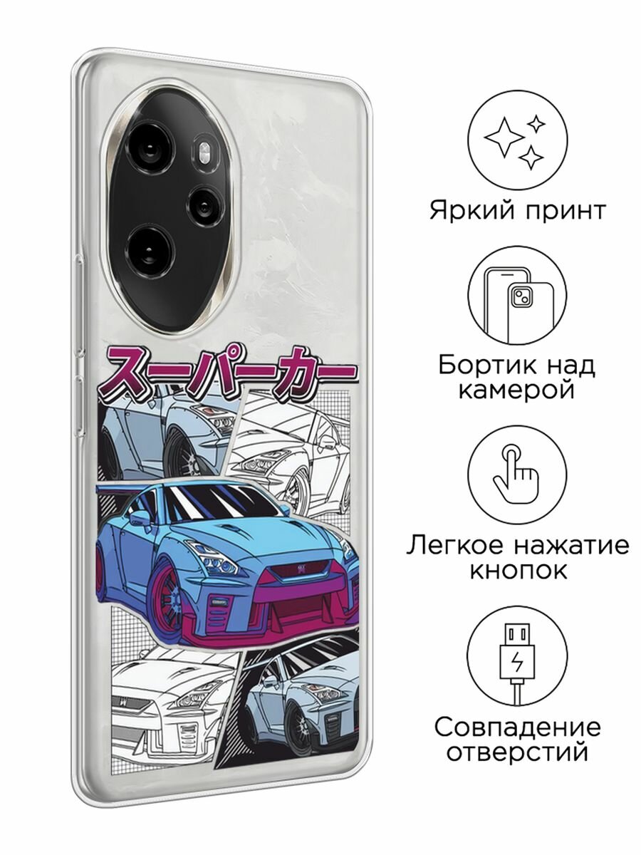 Чехол на Honor 100 Pro / Хонор 100 Про с принтом "JDM коллаж", прозрачный — фото 1