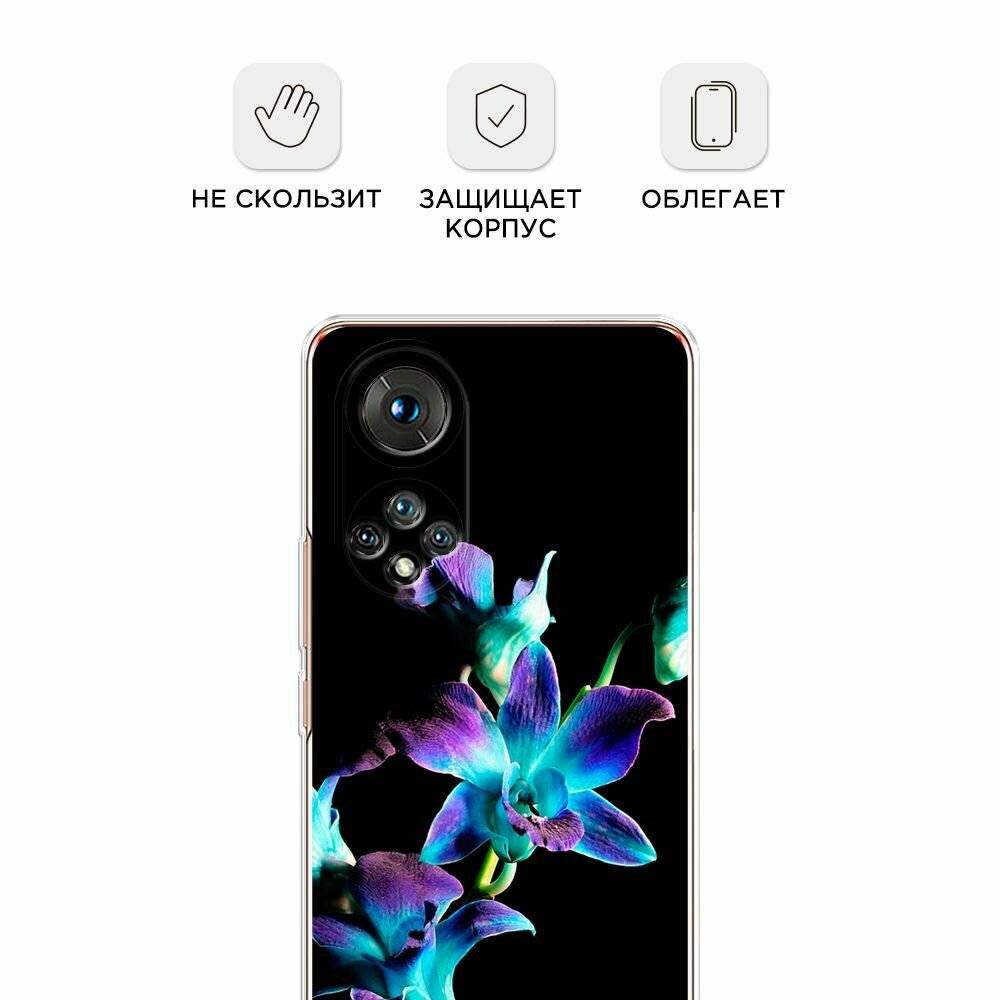 Чехол на Honor 50/Huawei Nova 9 / Хонор 50/Хуавей Нова 9 с принтом "Синий цветок на черном" — фото 1
