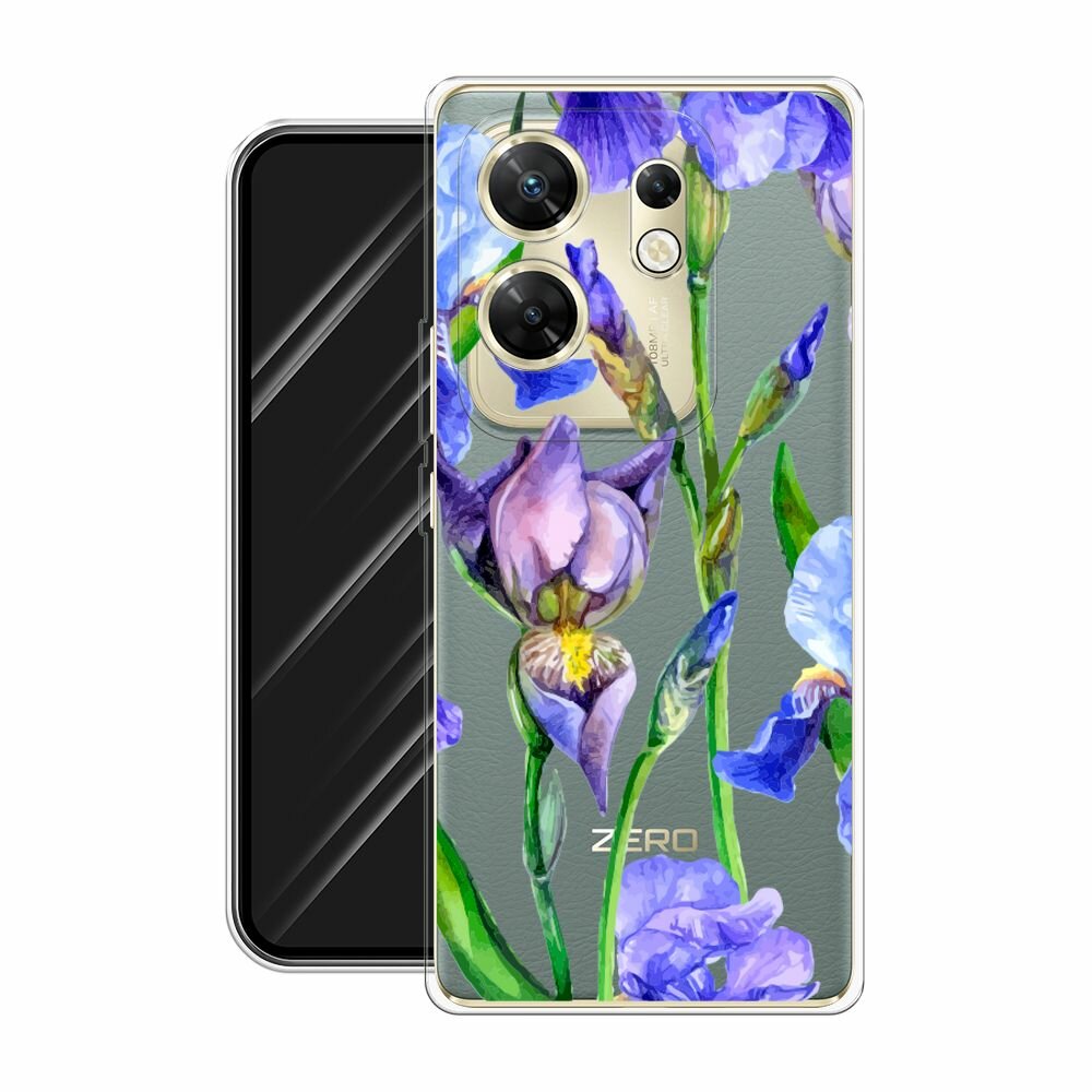Чехол на Infinix Zero 30 4G / Инфиникс Зеро 30 4G с принтом "Синие ирисы", прозрачный — фото 1