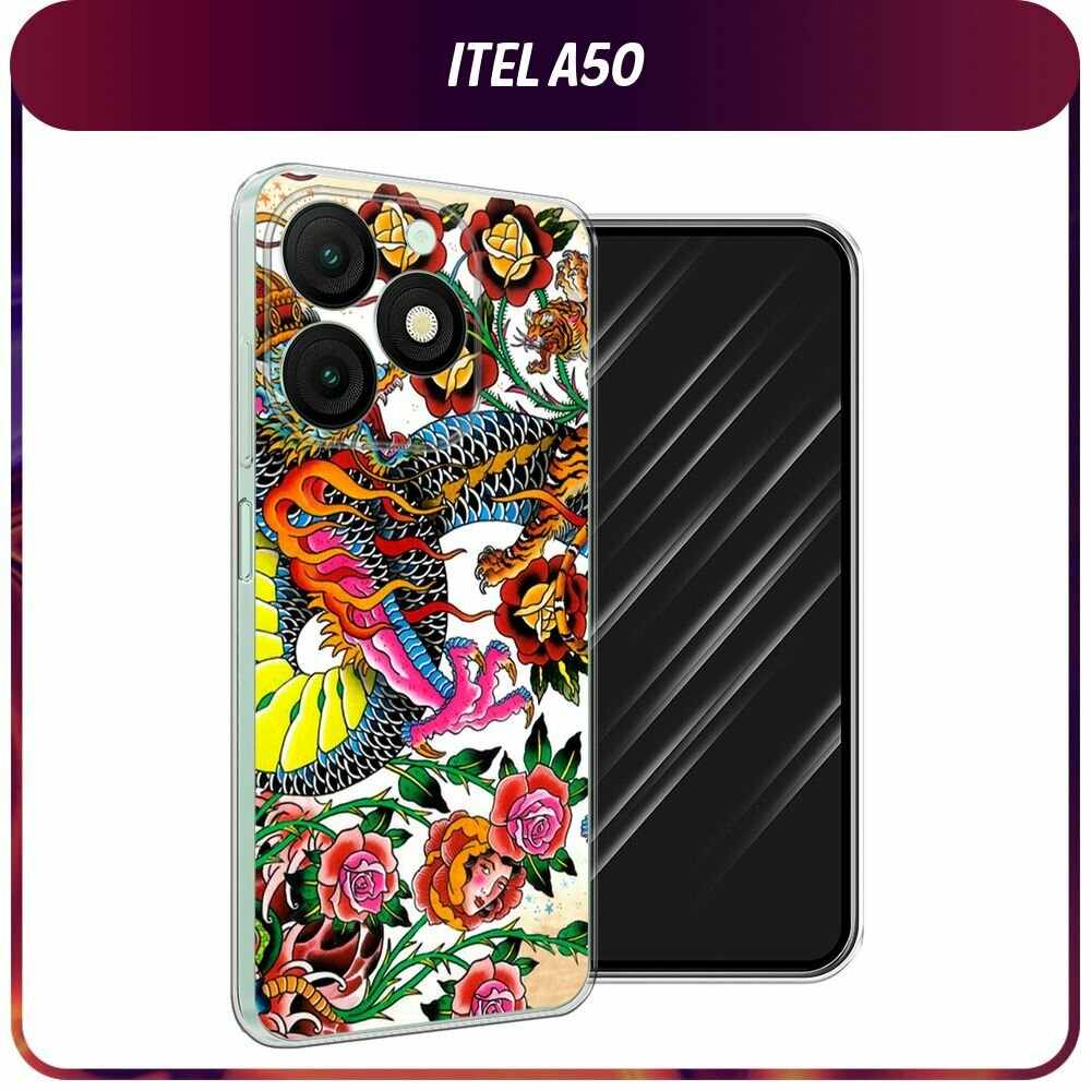 Силиконовый чехол на Itel A50 / Ител А50 с принтом "Дракон в цветах"