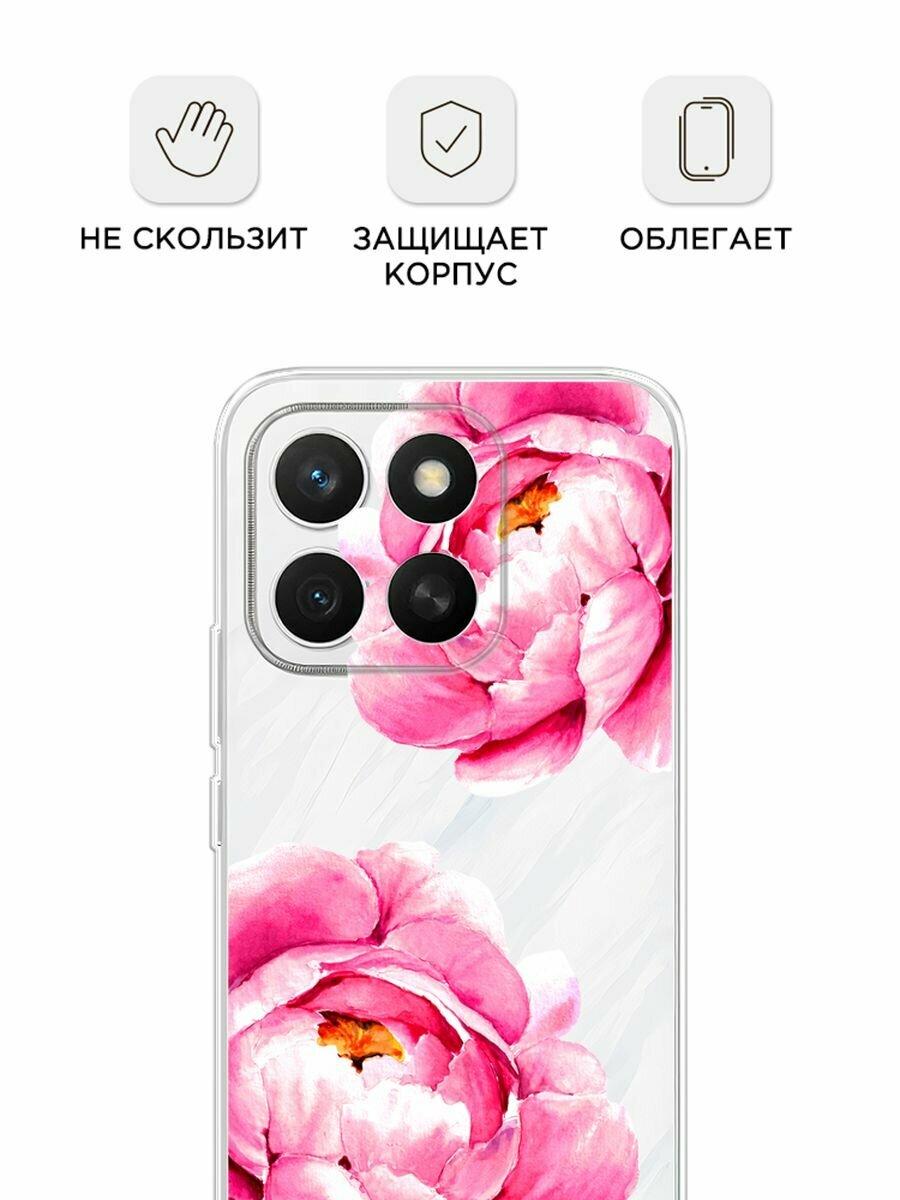 Чехол на Honor X8c / Хонор X8c с принтом "Open peonies", прозрачный — фото 1