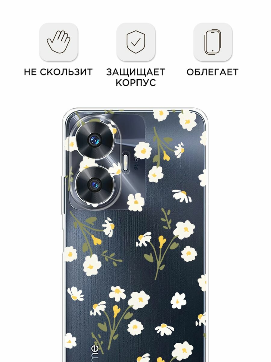 Чехол на Realme C55 / Реалми C55 с принтом "Пучки ромашек паттерн", прозрачный — фото 1