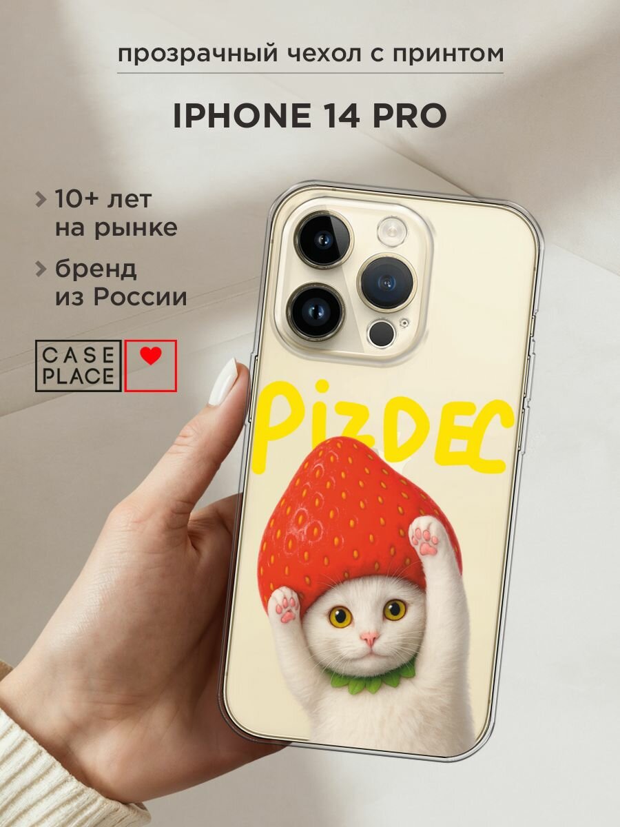 Чехол на Apple iPhone 14 Pro / Айфон 14 Про с принтом "Котик с надписью", прозрачный