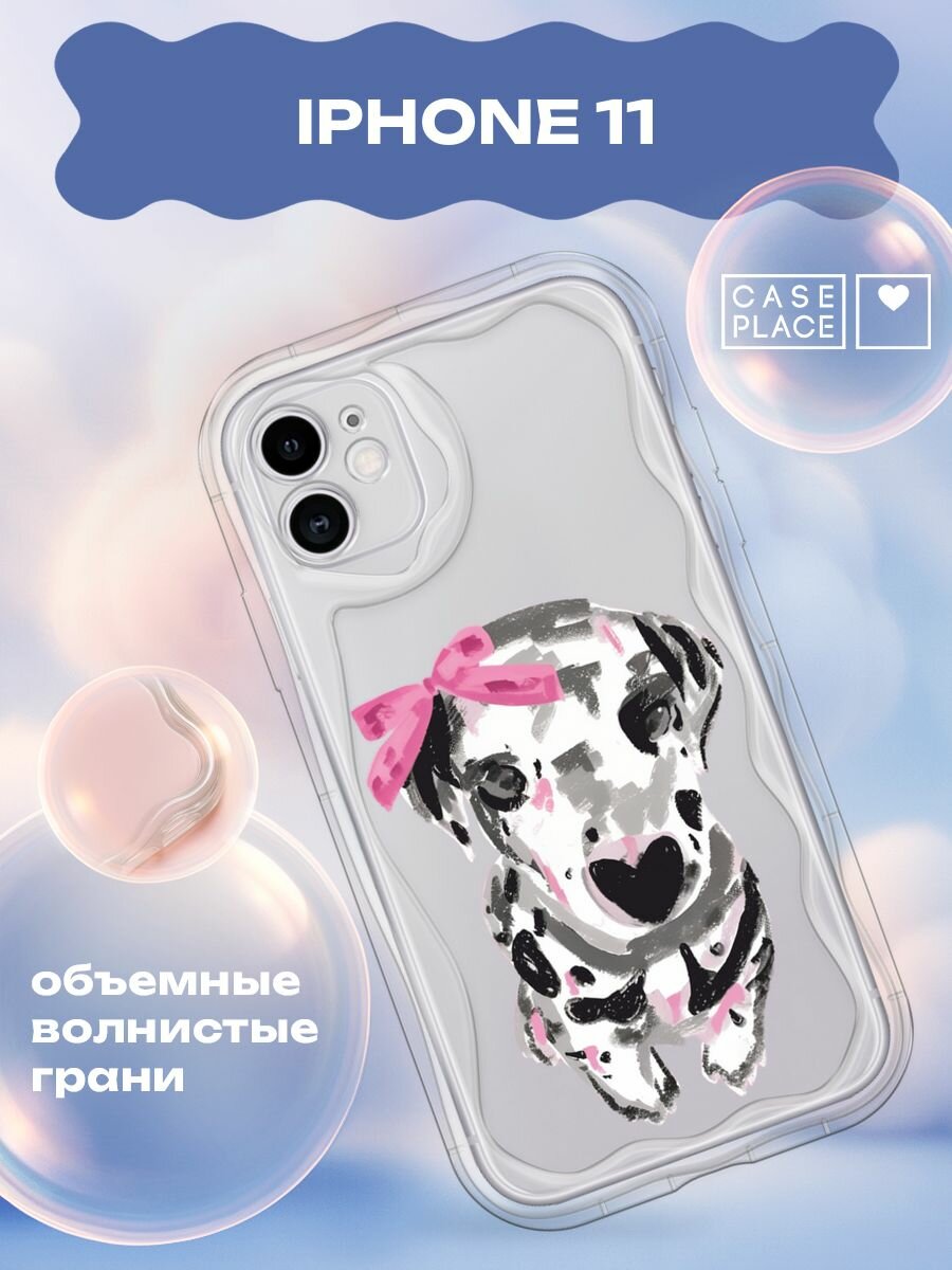 Чехол на Apple iPhone 11 / Айфон 11 с принтом "Далматинец с бантиком 3"