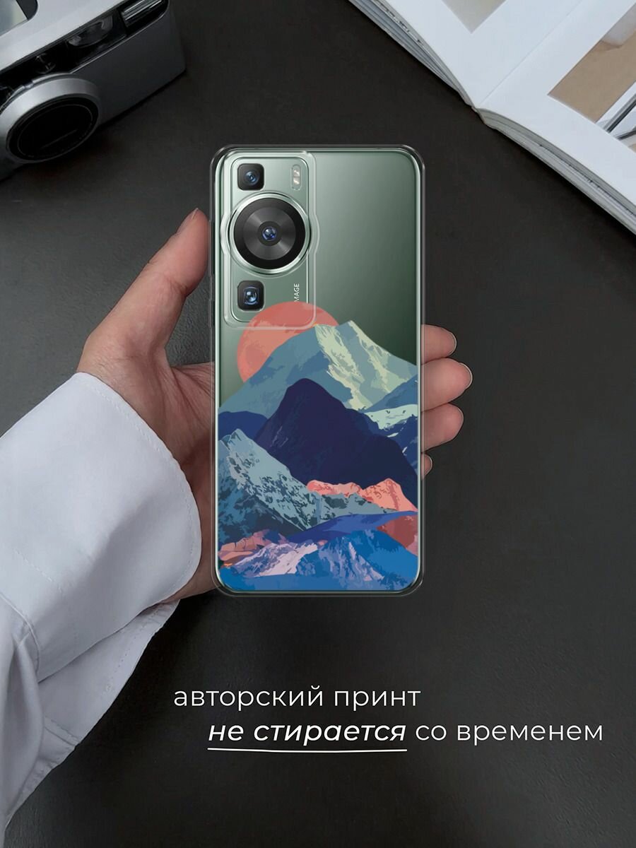 Чехол на Huawei P60/P60 Pro / Хуавей P60/P60 Про с принтом "Закат в снежных горах", прозрачный — фото 1