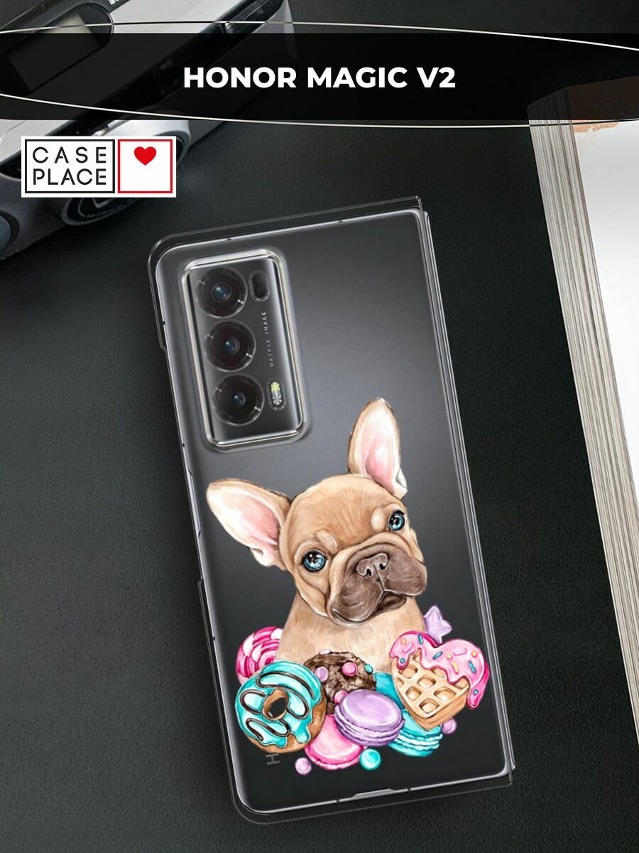 Чехол на Honor Magic V2 / Хонор Меджик V2 с принтом "Бульдог и сладости", прозрачный