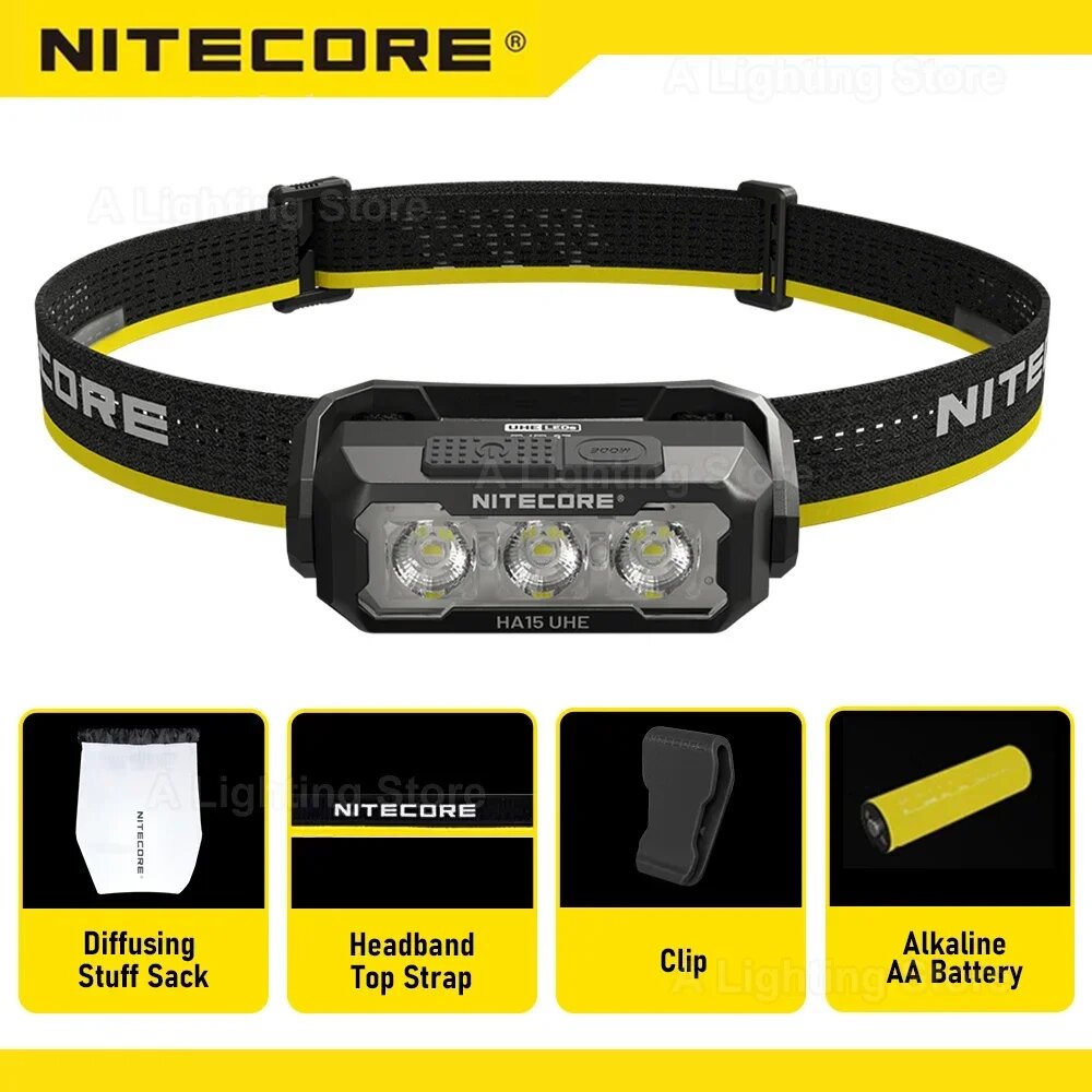 NITECORE HA15 UHE Сверхлегкий налобный фонарь с батарейкой типа АА, фара для кемпинга, EDC, налобный, для рыбалки, бега, работы, легкий вес