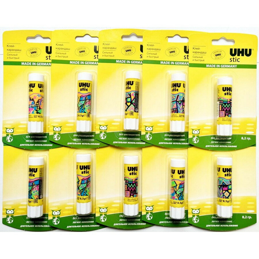 Клей-карандаш UHU Stic 8,2 гр. Серия Неон, ассорти, комплект 10 шт. (UHU 27 NEON SET 10)*