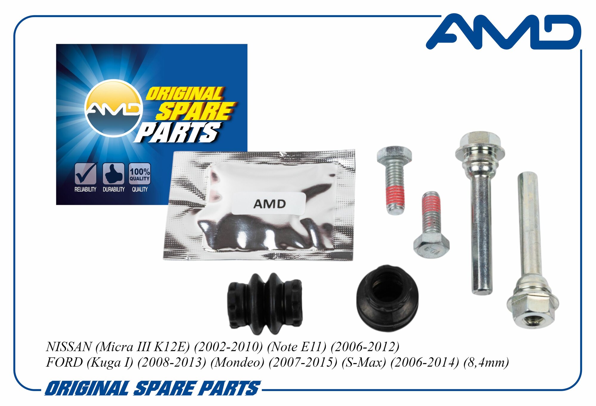 Ремкомплект направляющих суппорта тормозного переднего D1139-AX60A AMD. RK144 для NISSAN Micra III K12E 2002-2010 Note E11 2006-2012 FORD Kuga I 2008-2013 Mondeo 2007-2015 S-Max 2006-2014 8,4mm