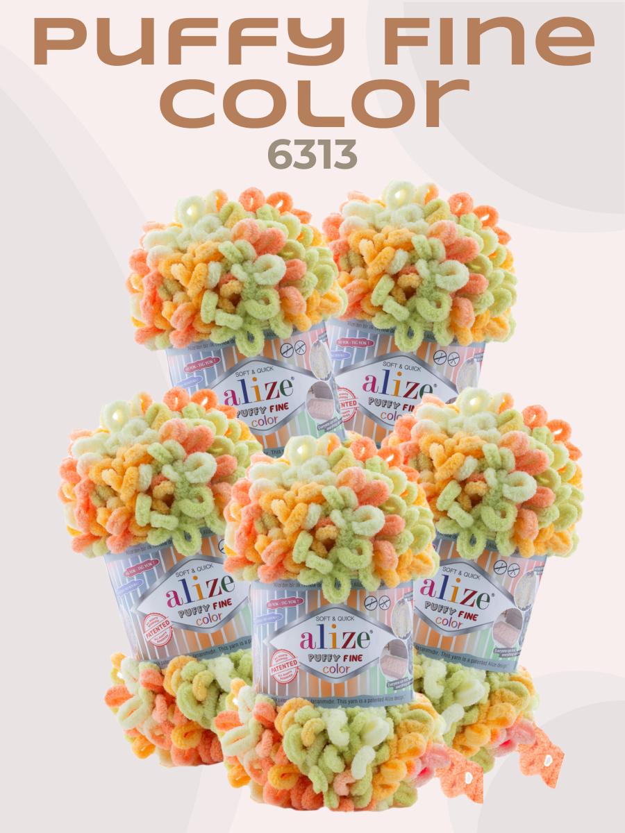 Пряжа для вязания Alize Puffy fine color, 5 мотков, цвет 6313 салатовый-персиковый-желтый