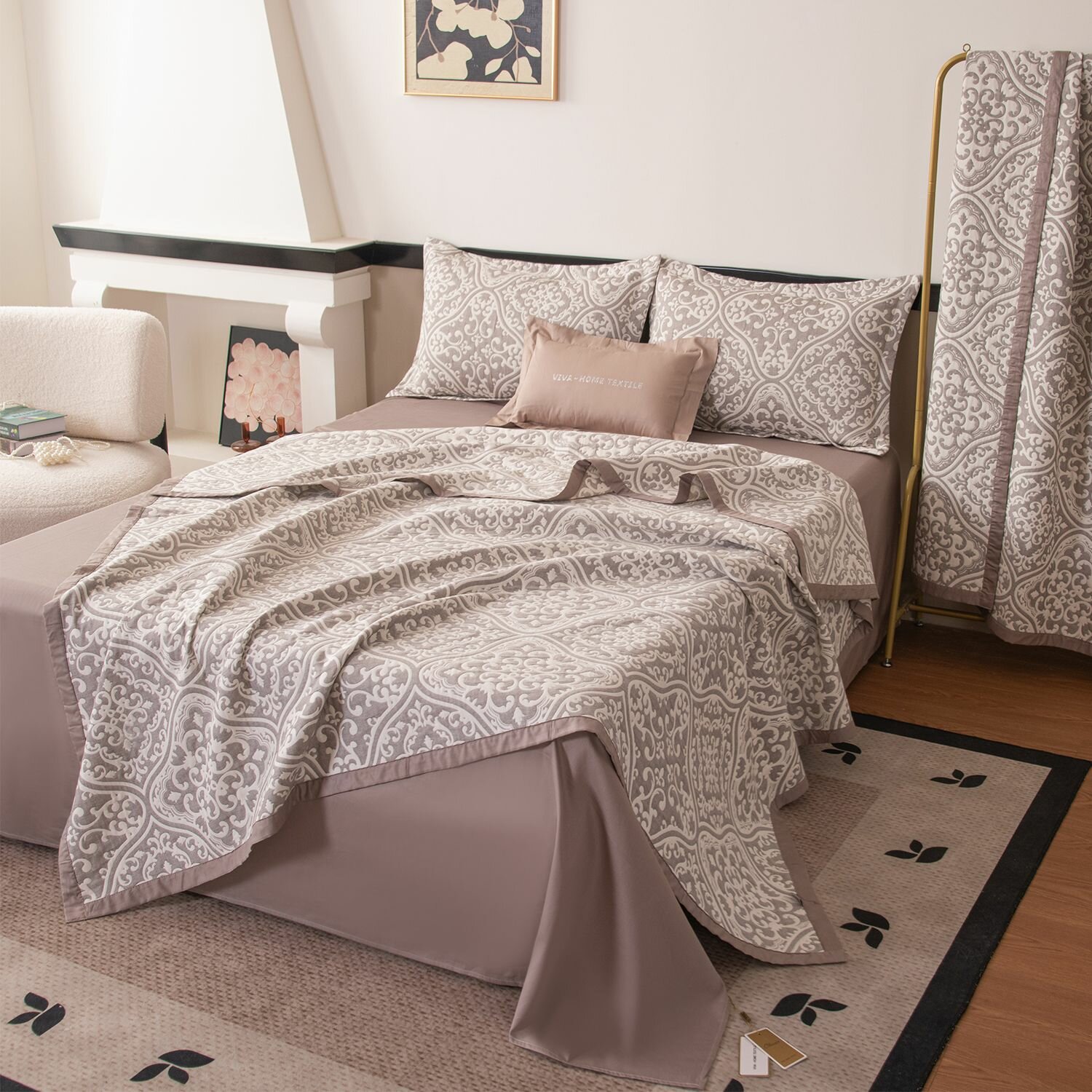 Постельное белье VIVA HOME TEXTILE Aurora Veil, двустороннее покрывало, евростандарт, светло-серое